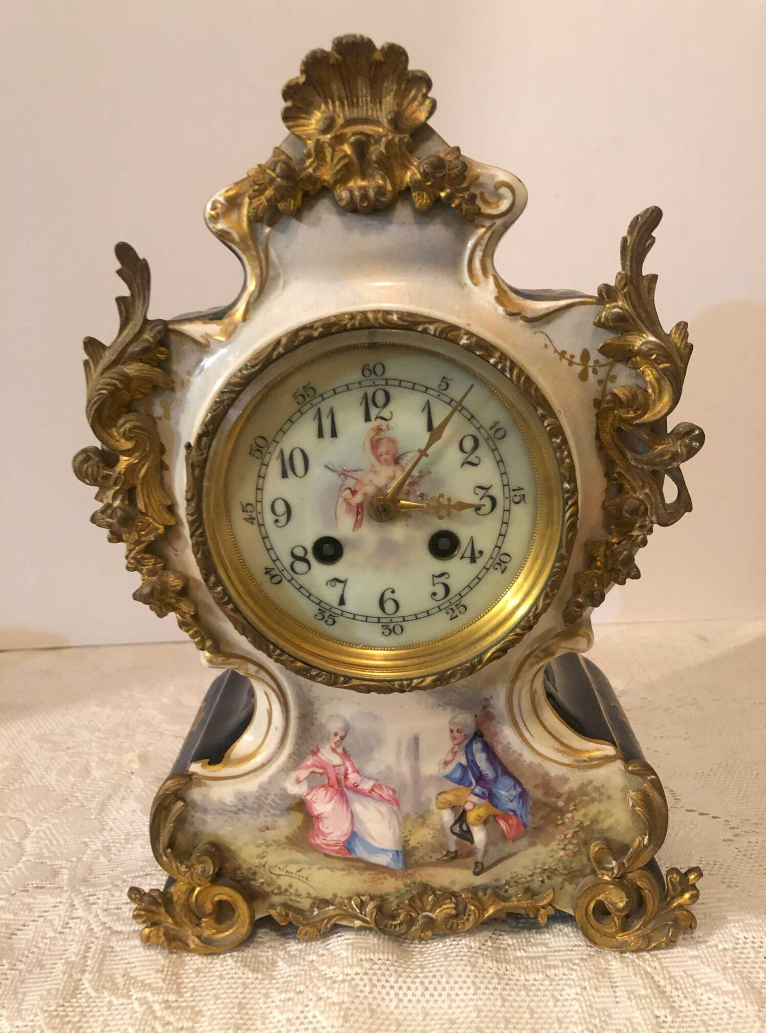French Cobalt Porcelain Clock with a Hand-painted Scene of Lovers and ...